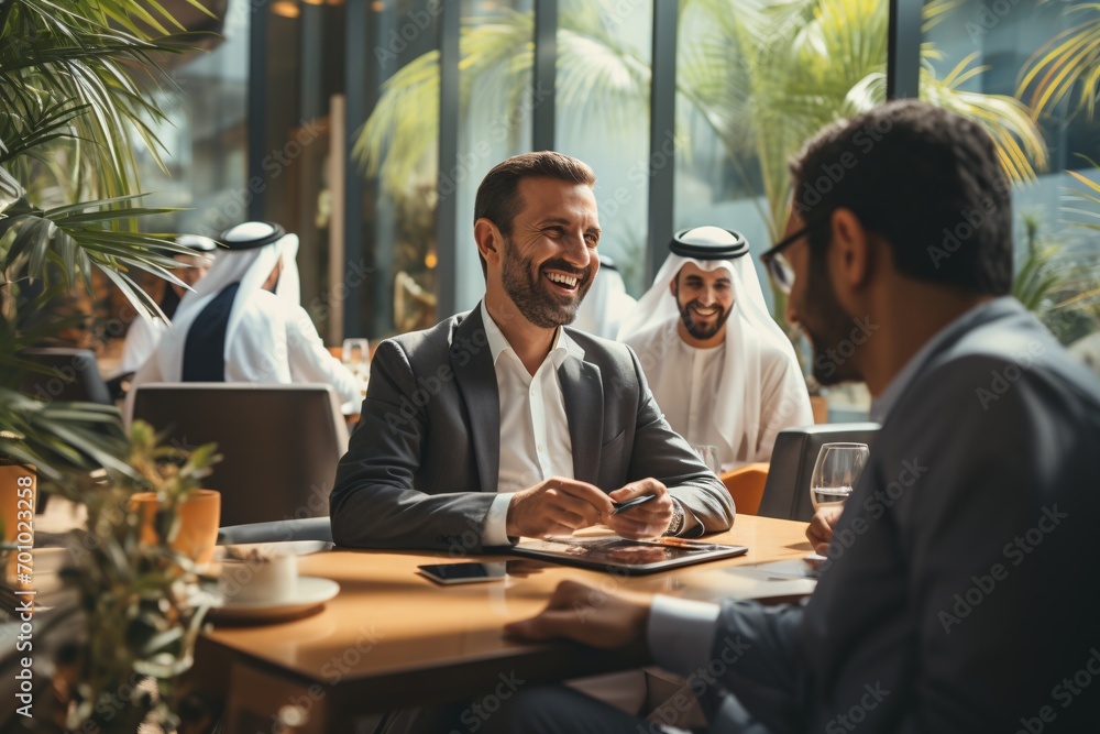 Middle-eastern executives in traditional Emirati attire holding a ...