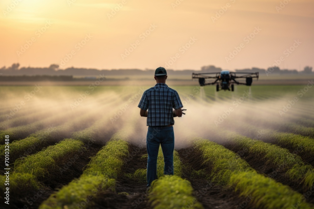 Farmer using drone to irrigate corn field from pests. Fusion of technology and traditional ...