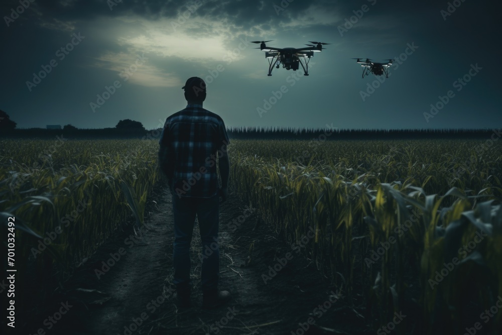 Farmer using drone to irrigate corn field from pests. Fusion of technology and traditional ...