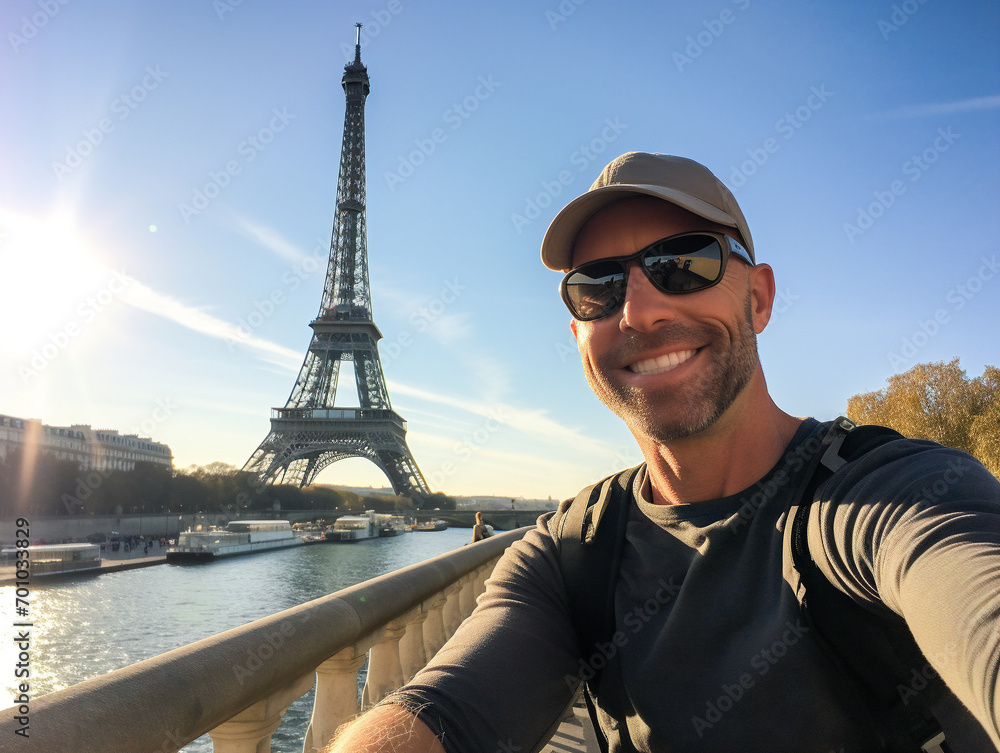 Tourist takes a selfie, iconic world-renowned structure prominently ...