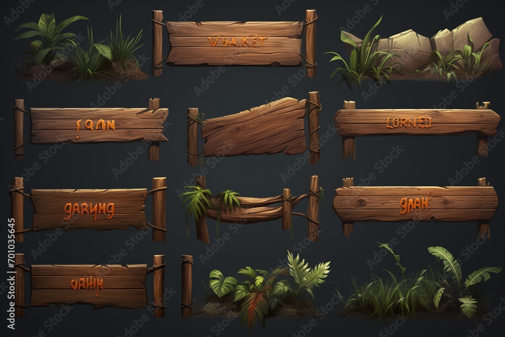 Wooden signboards in jungle. Wood board with tropic leaves, moss and ...