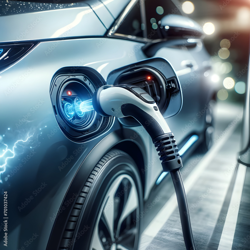 Electric car at charging station with the power cable supply plugged in ...
