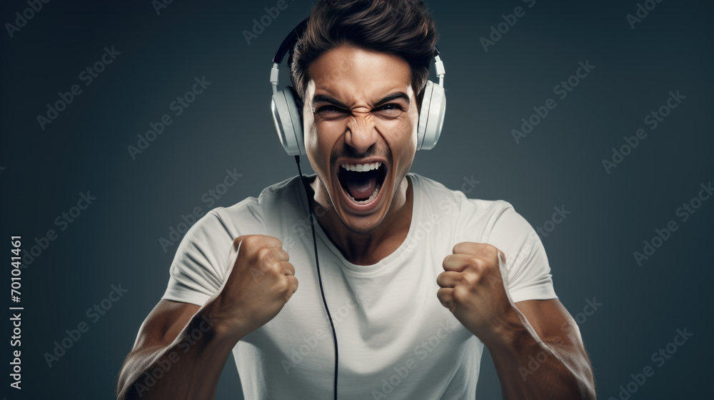 Man with white headphones on his ears, clenching his fists and yelling ...