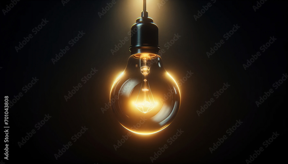Single light bulb illuminates the surrounding darkness. The light bulb ...