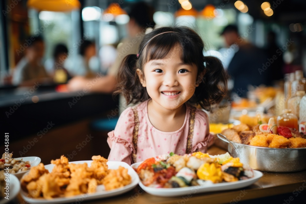 Child at a Buffet: A Smiling Little Girl with a Feast of Food, Chinese ...