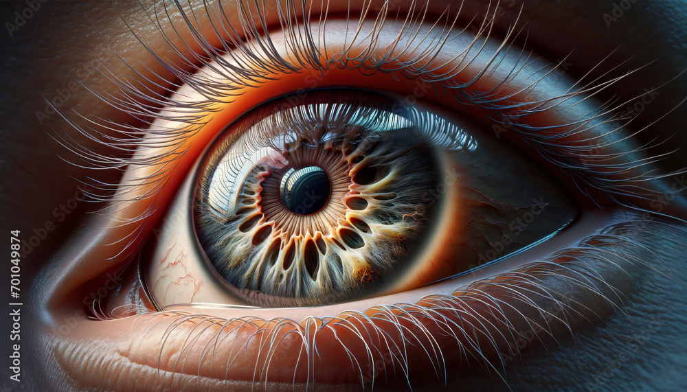 A photorealistic and highly stylized close-up of a human eye, with an ...