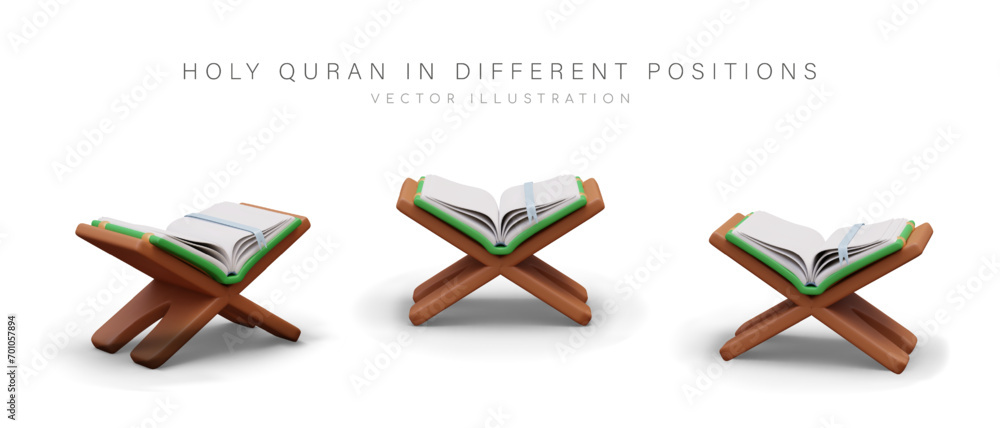 Realistic Koran on wooden stand. Opened Quran, holy book of Muslims ...