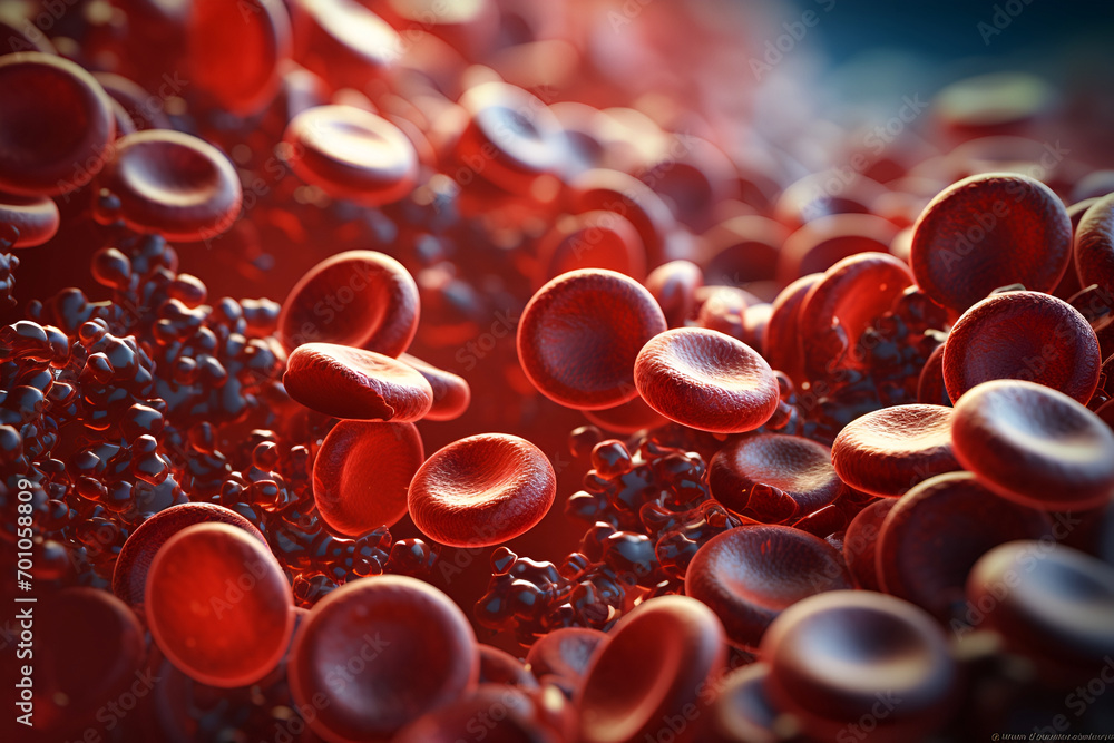 3d rendering of red blood cells in vein with depth of field, A 3D ...