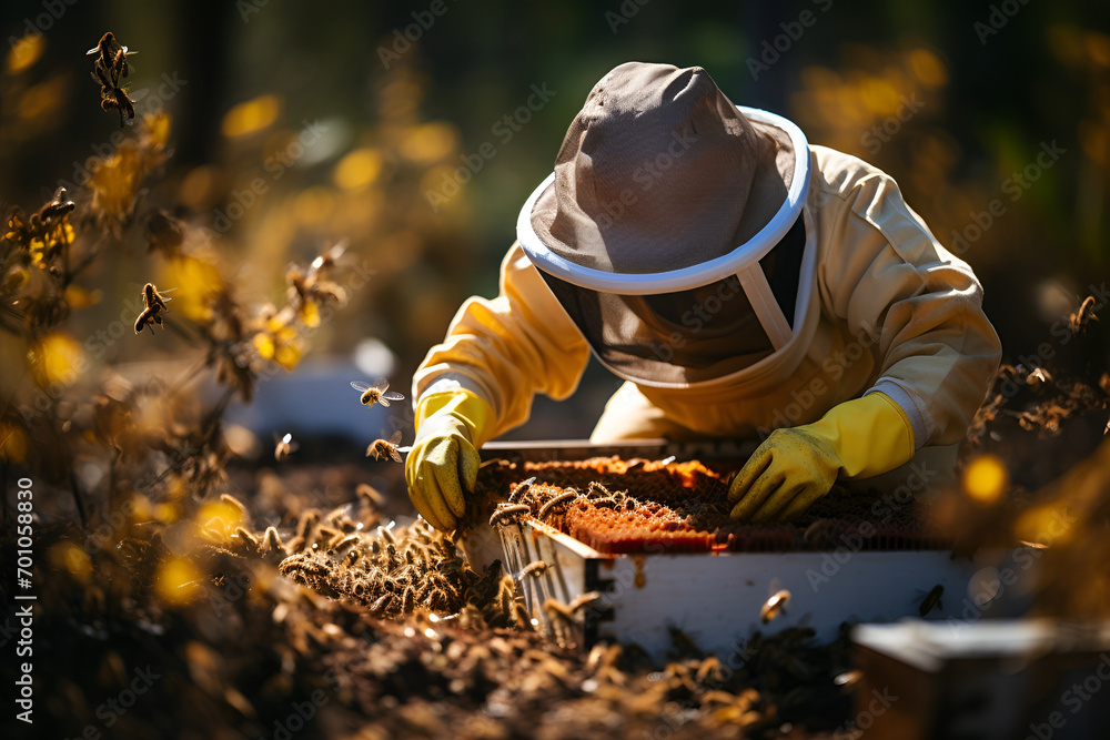 Male beekeeper wearing protective suit checking bee hive, man beekeeper ...