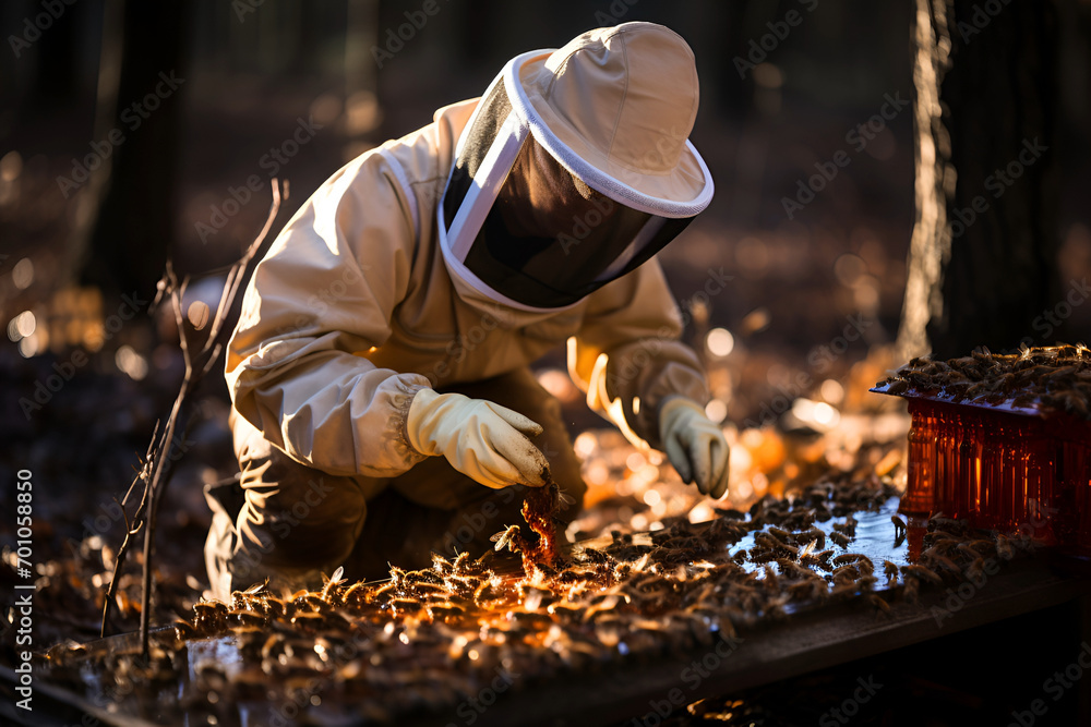 Male beekeeper wearing protective suit checking bee hive, man beekeeper ...