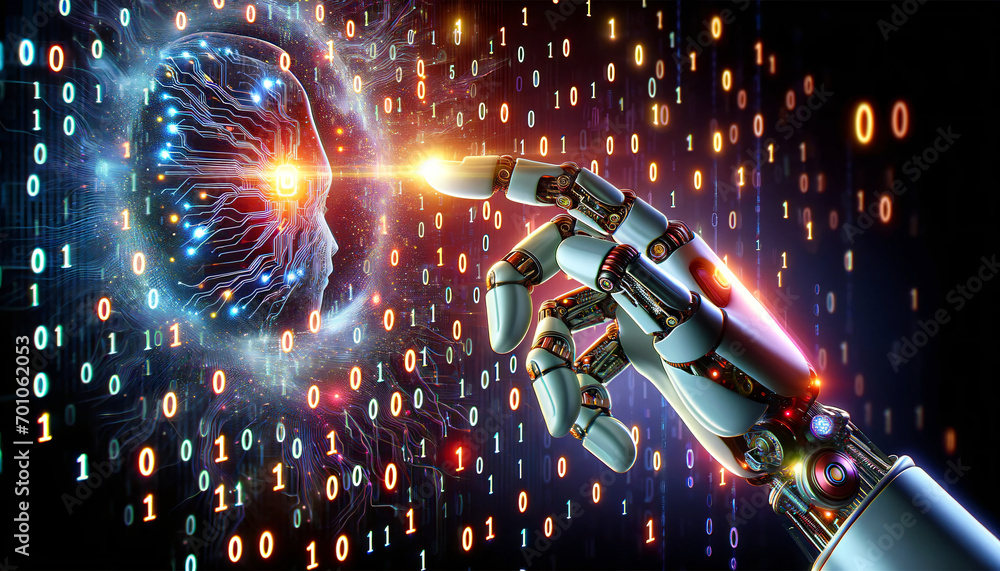 Futuristic and advanced depiction of machine learning, featuring a ...