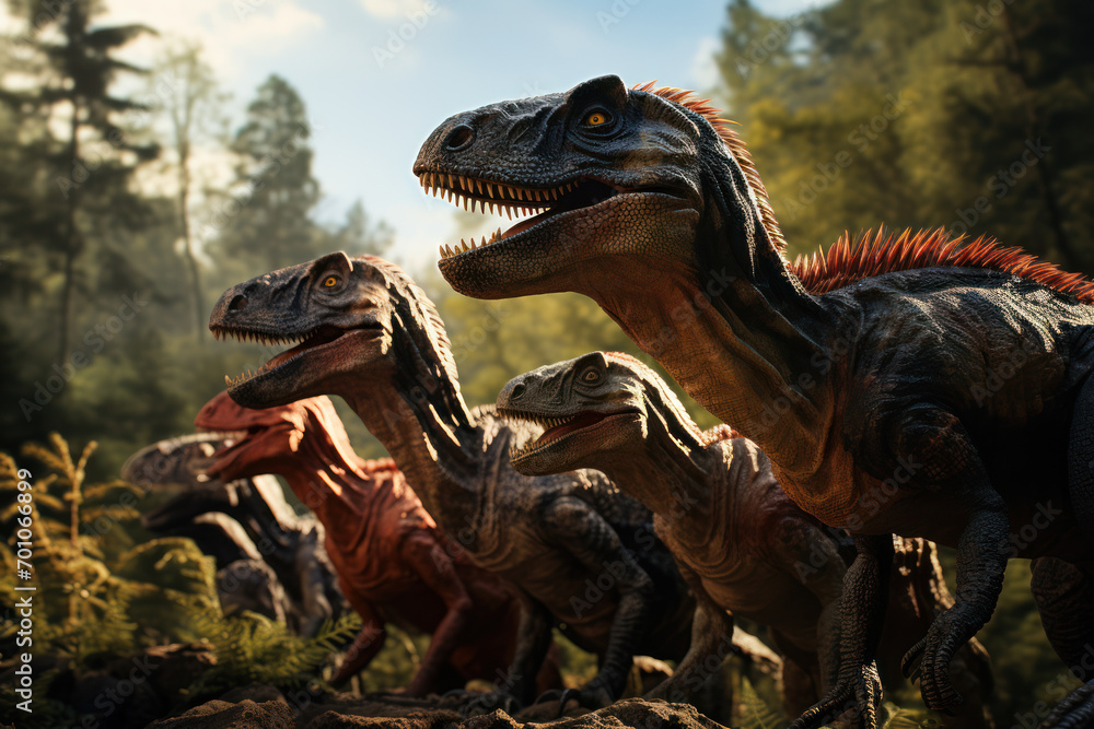 A diorama featuring a pack of velociraptors in a hunting scene ...