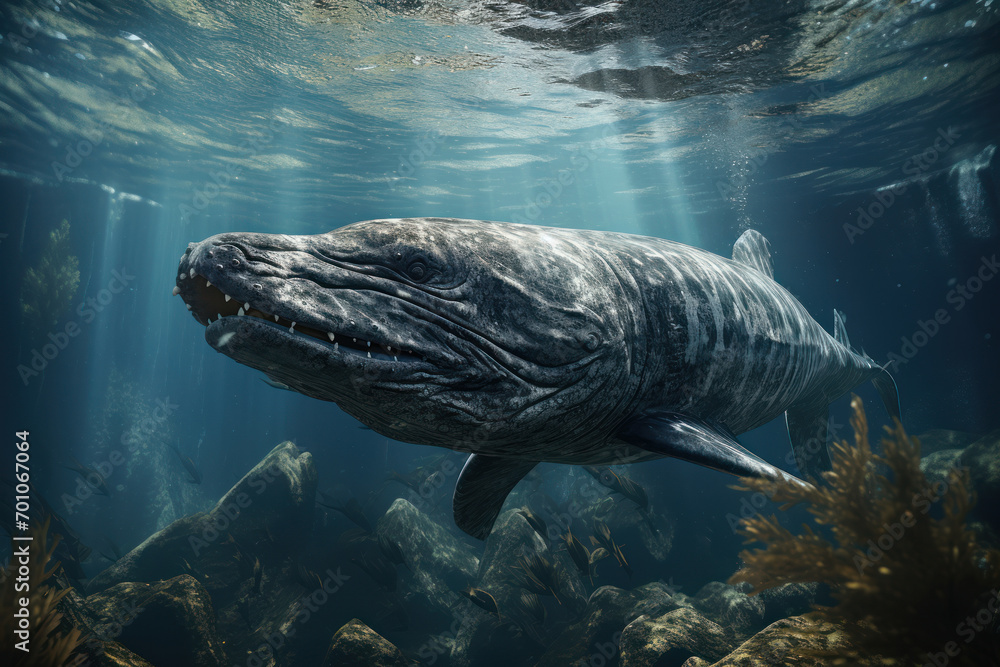 A reconstruction of a prehistoric sea monster, such as the Ichthyosaur ...