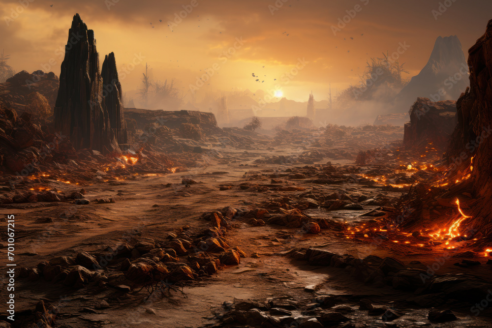 An artist's rendering of a prehistoric volcanic landscape, setting the ...