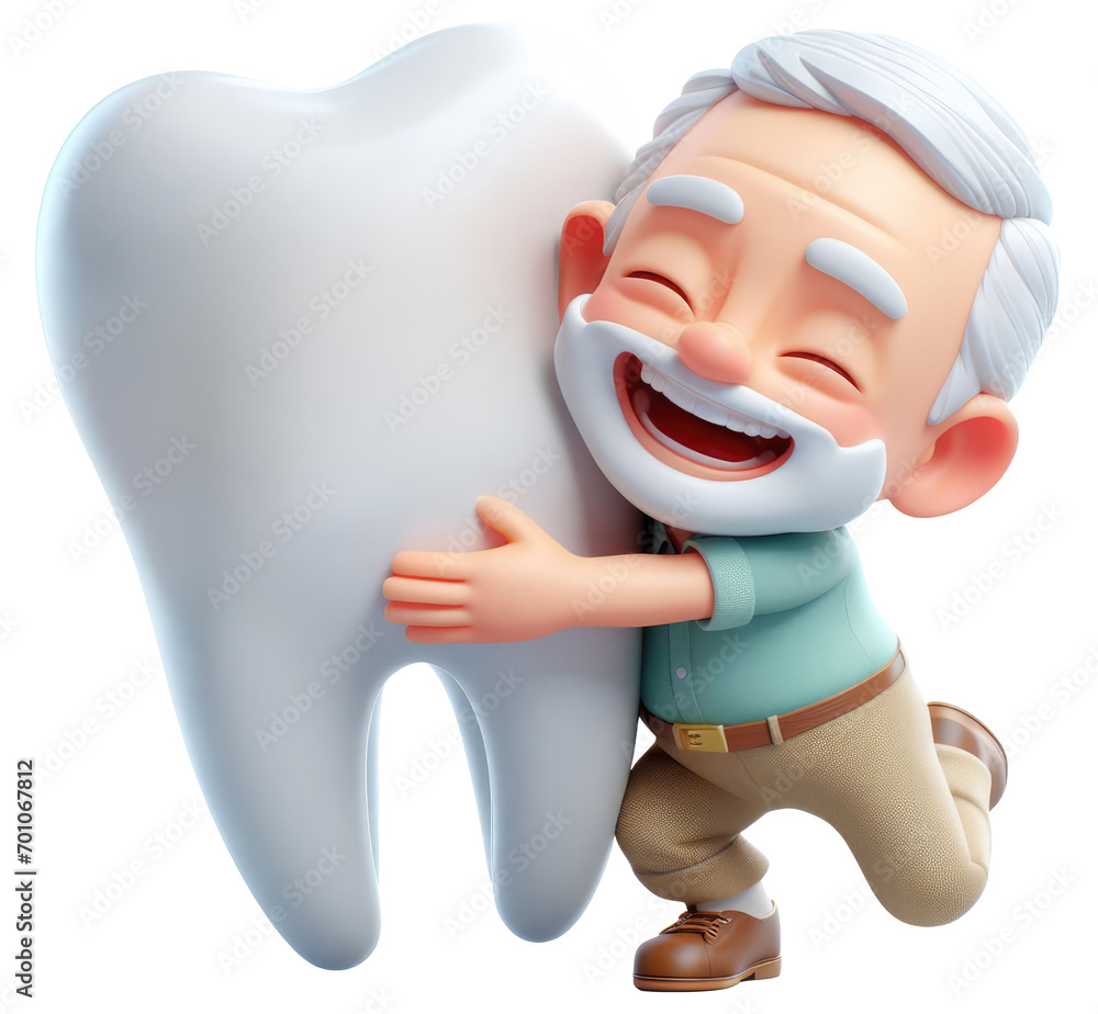 3D render cartoon of a senior hugging big teeth, promoting a healthy ...