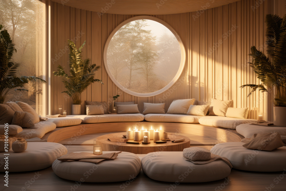 A serene meditation room with soft lighting and cushions, providing a ...