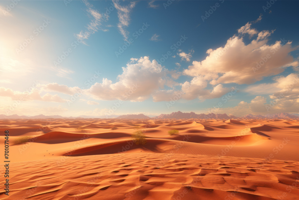 A scorching summer desert, with sand dunes stretching endlessly and the ...
