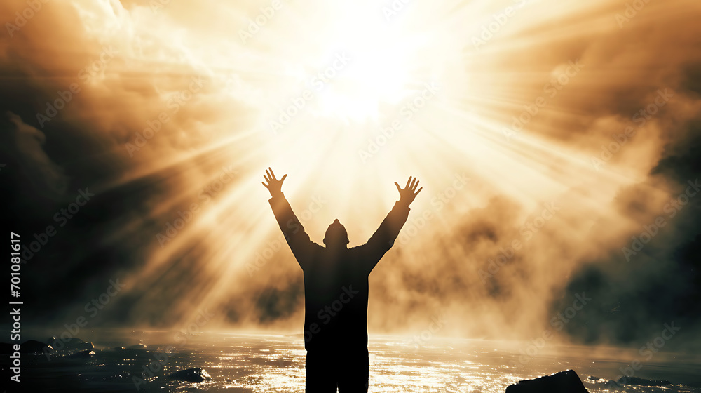 Christian praying to God and man shouting with arms raised to God, pain ...