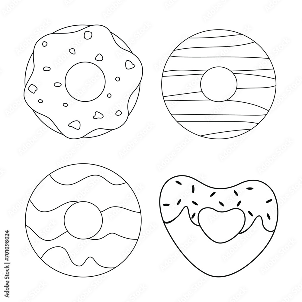Set of doodle donuts black line. Outlined anti-stress coloring page ...