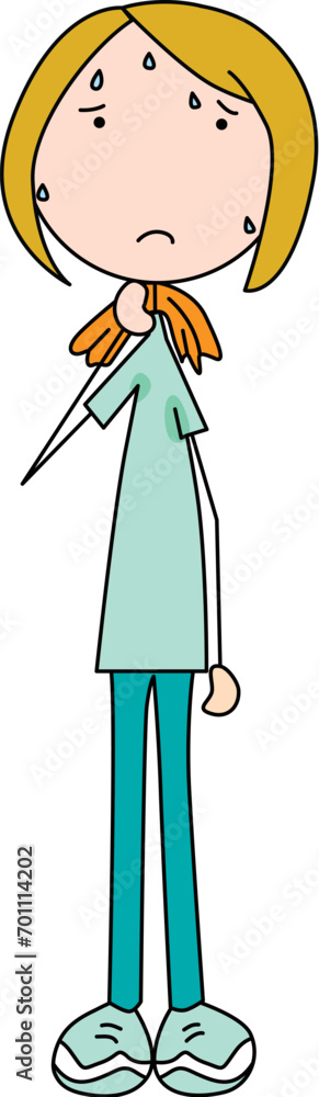 Cartoon illustration of a girl sweating and wiping her neck with a ...