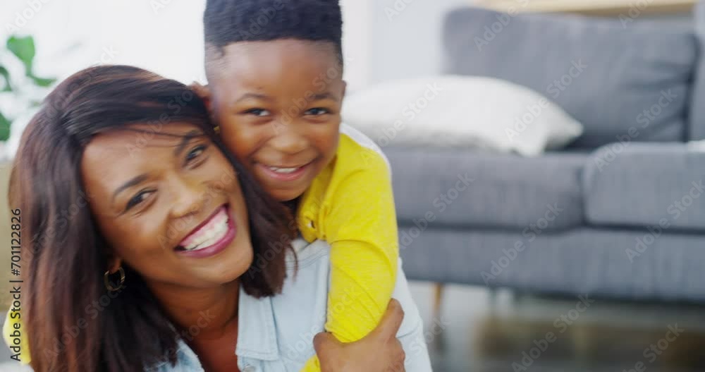 Hug, face and mother with child on sofa in home for bonding, happy relationship and fun together ...