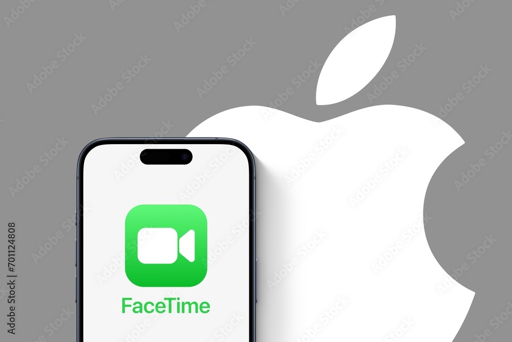 FaceTime App logo shown on iPhone 15 Pro in front of Apple Logo, video ...