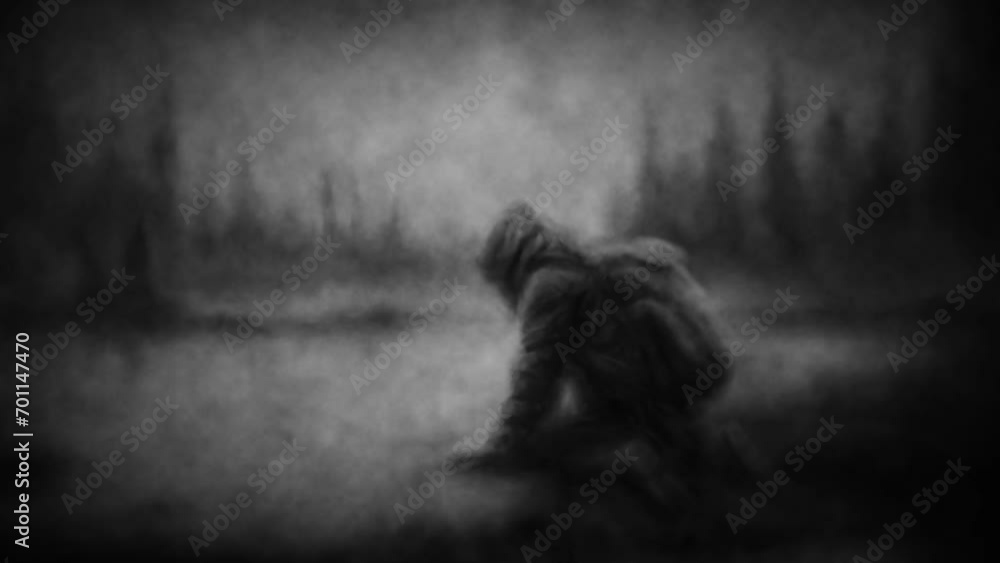 Human's figure in raincoat with hood. Gloomy 2d animation. Scary man ...