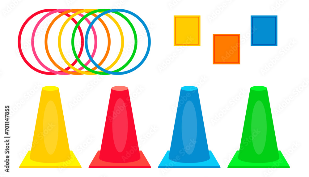 Plastic colorful sports cones with hoops and bags for activity game ...