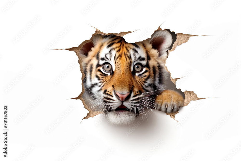cute tiger peeking out of a hole in the wall, torn hole, empty copy ...