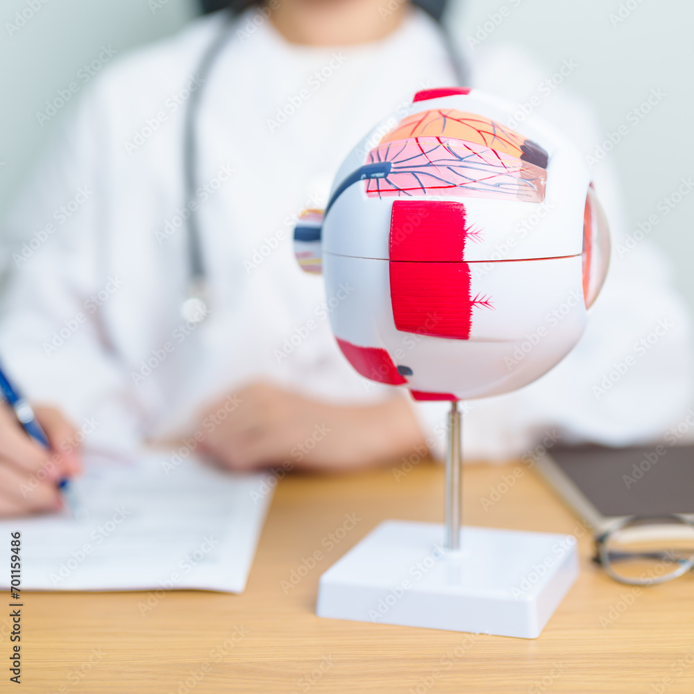 Doctor with human Eye anatomy model with magnifying glass. Eye disease ...