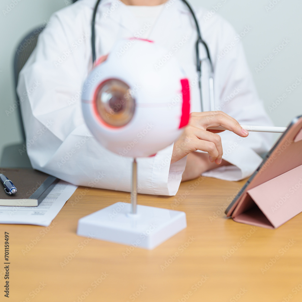Doctor with human Eye anatomy model with magnifying glass. Eye disease ...