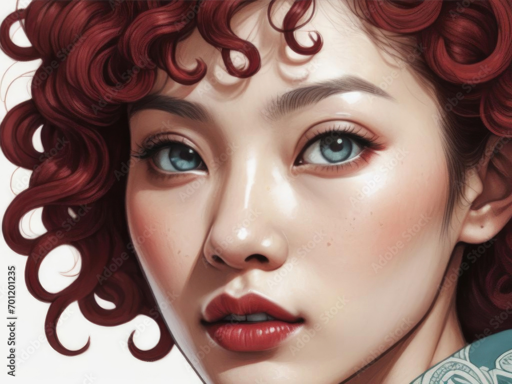 Sensual Elegance - Hand-Drawn Illustration of a Beautiful East Asian Woman with Curly Hair Gen ...