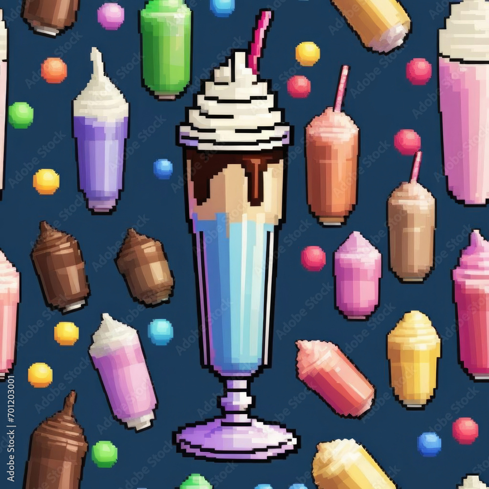 Colorful Pixel Art - Retro Milkshake with Whipped Cream in Saturated ...