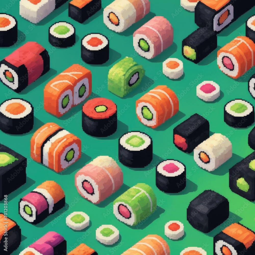 Neon Sushi Delight - Colorful pixel art of sushi rolls with isometric ...