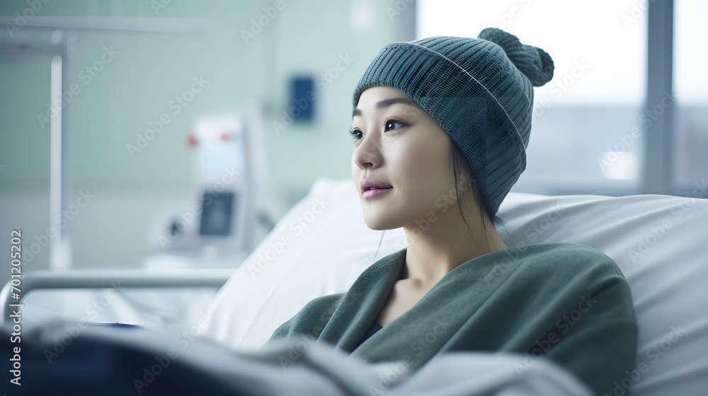 Photograph of a Japanese woman on a hospital bed, cancer patient ...