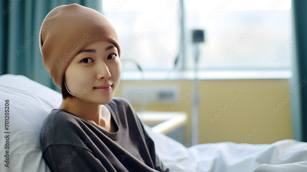 Photograph of a Japanese woman on a hospital bed, cancer patient ...