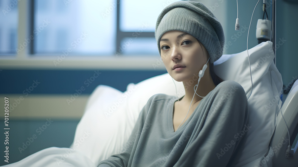 Photograph of a Japanese woman on a hospital bed, cancer patient ...