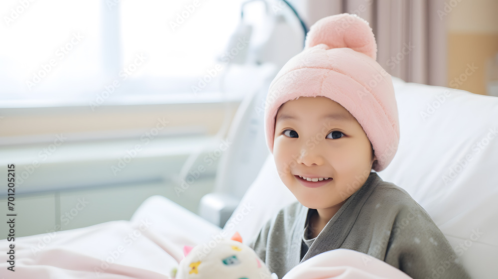 Photograph of a Japanese girl on a hospital bed, cancer patient sitting ...