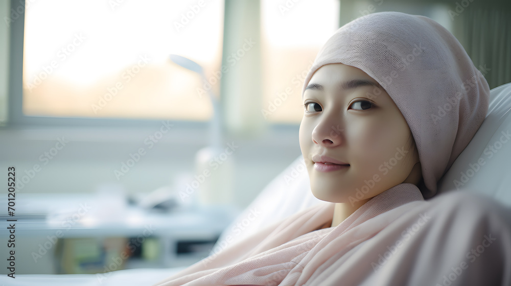 Photograph of a Japanese woman on a hospital bed, cancer patient ...