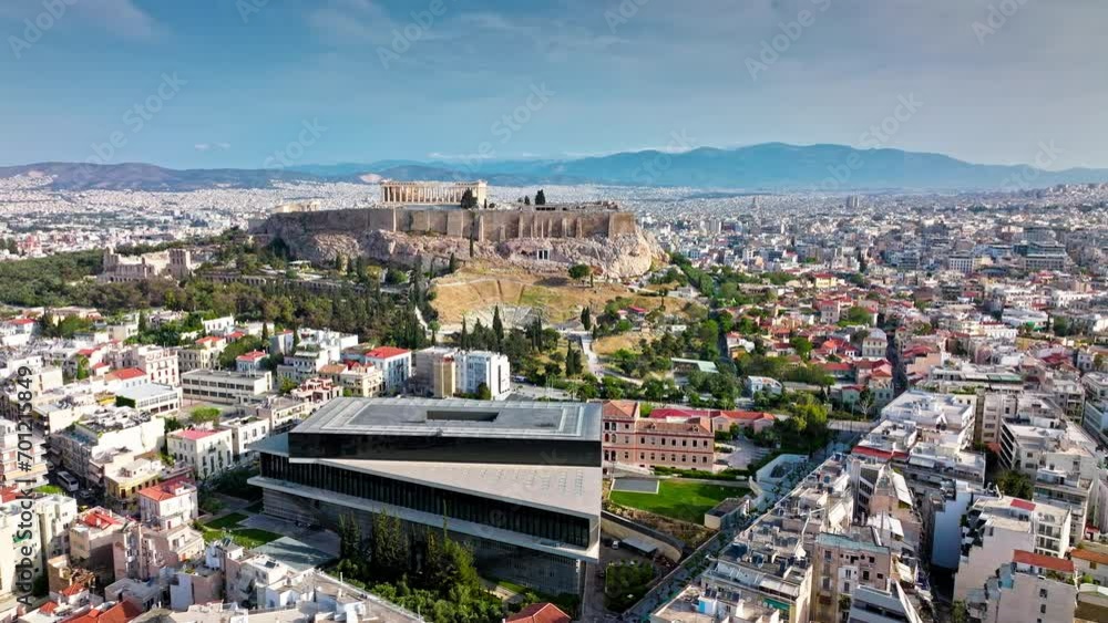 Aerial view of the Acropolis Museum and Ruins of the iconic temple Acropolis of Athens in Greece ...