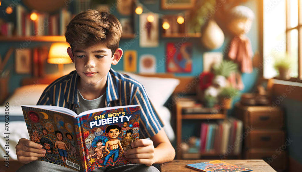 Preteen boy reading a book about Puberty Stock Photo | Adobe Stock