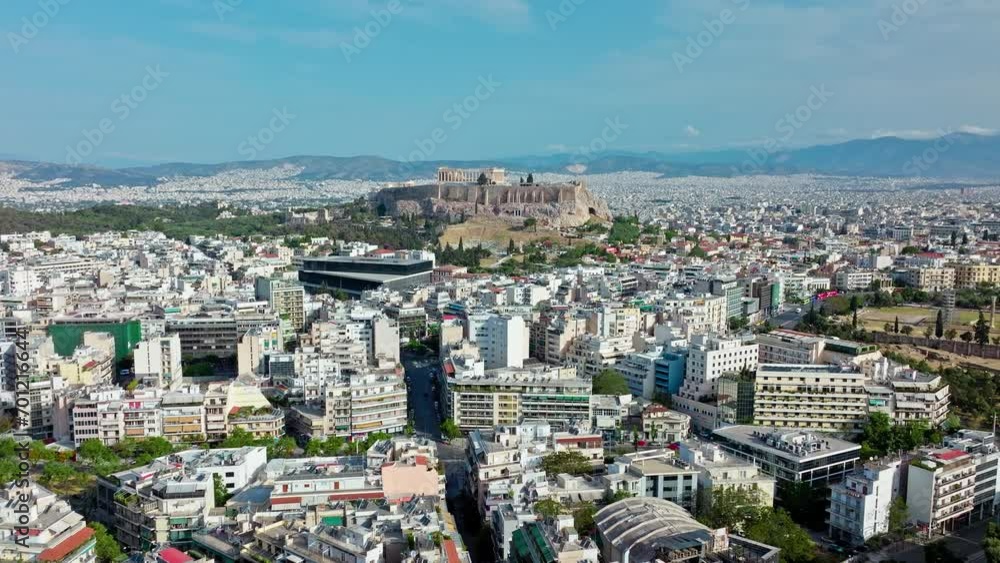 Aerial view of the Acropolis Museum and Ruins of the iconic temple Acropolis of Athens in Greece ...
