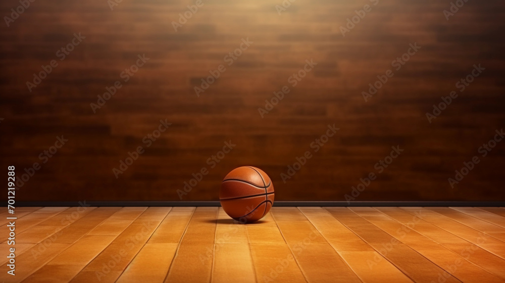 Basketball court side view mockup with hoop tribune and wood parquet ...
