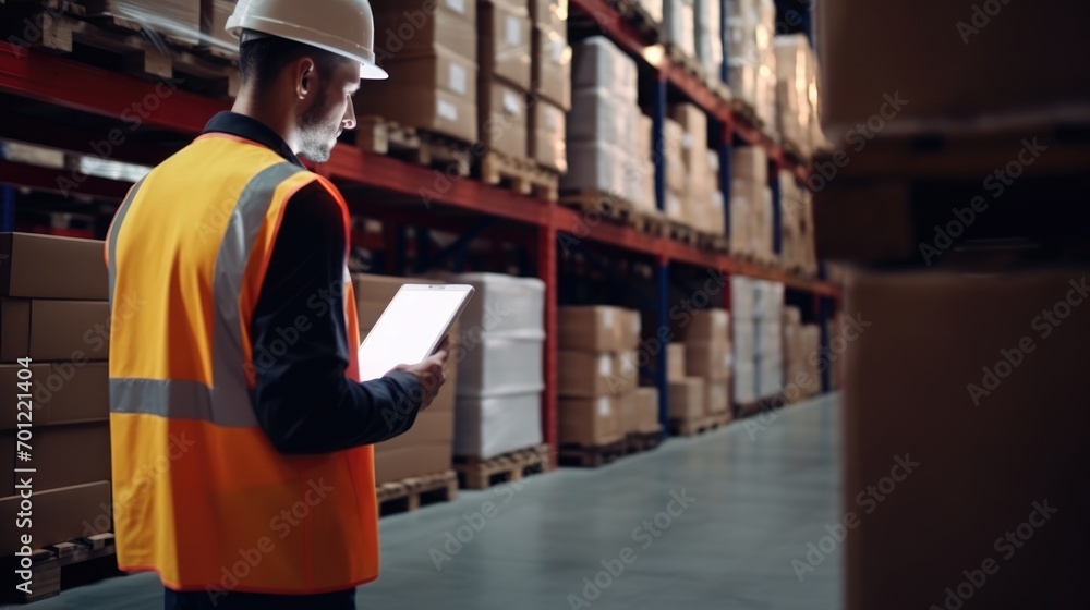 Medium shot, worker male inspection holding tablet, group of laborers ...