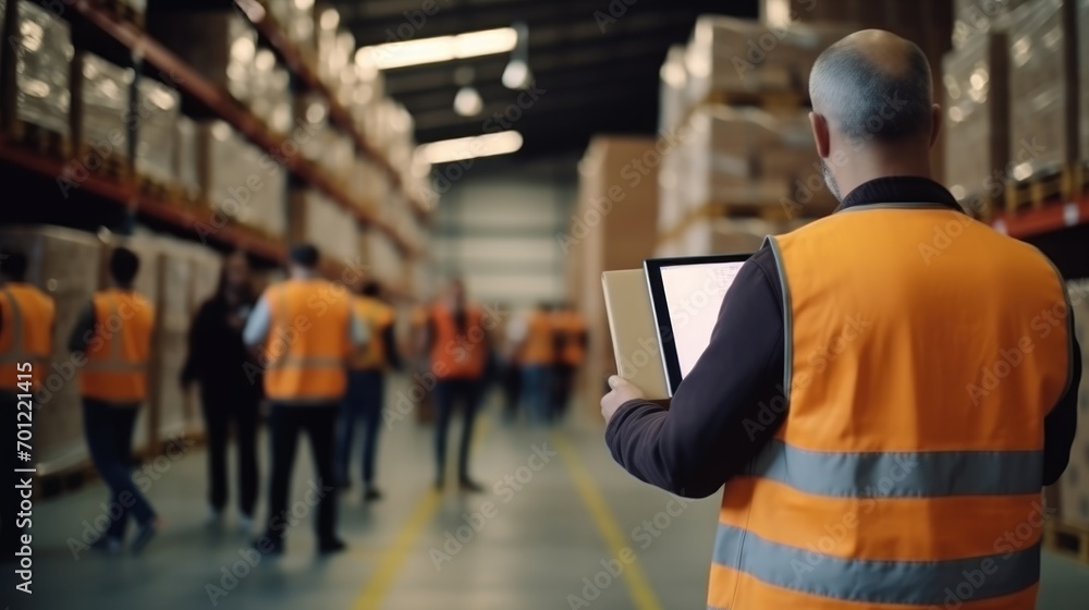 Medium shot, worker male inspection holding tablet, group of laborers ...