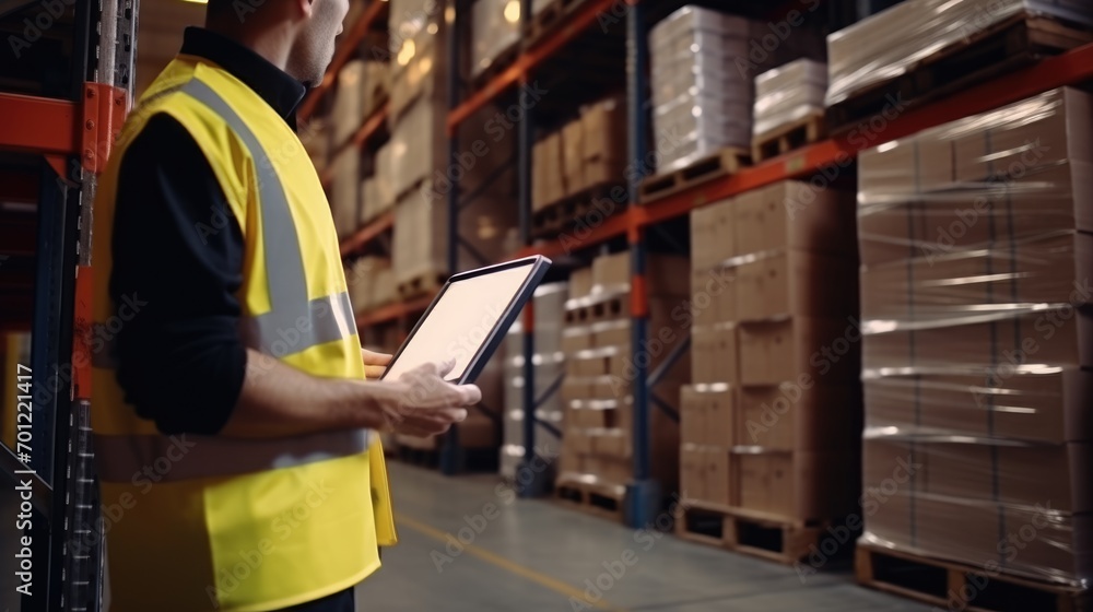 Medium shot, worker male inspection holding tablet, group of laborers ...