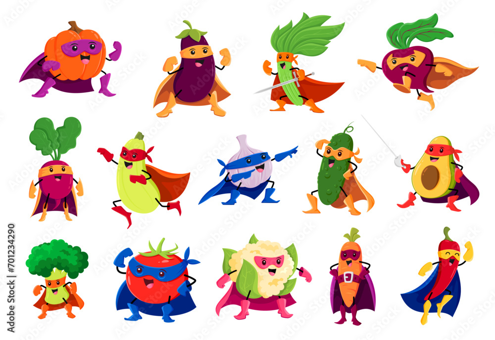 Cartoon vegetable superhero characters. Vector pumpkin, eggplant ...