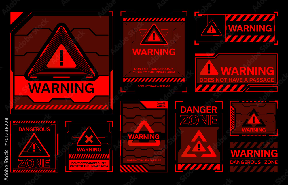 Red HUD warning, danger and alert attention frames. Vector set of ...