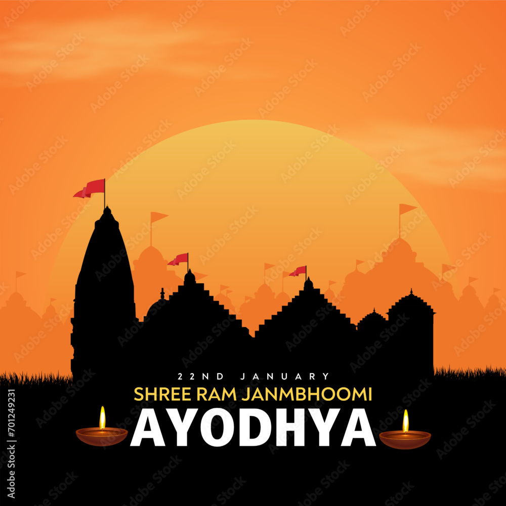 Vector illustration of religious background of Shri Ram Janmbhoomi Teerth Kshetra Ram Mandir ...