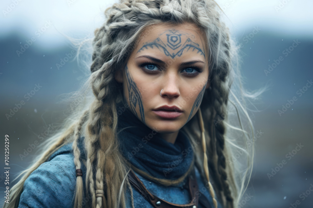 Viking shieldmaiden, sporting elaborate braids wrapped around her head ...
